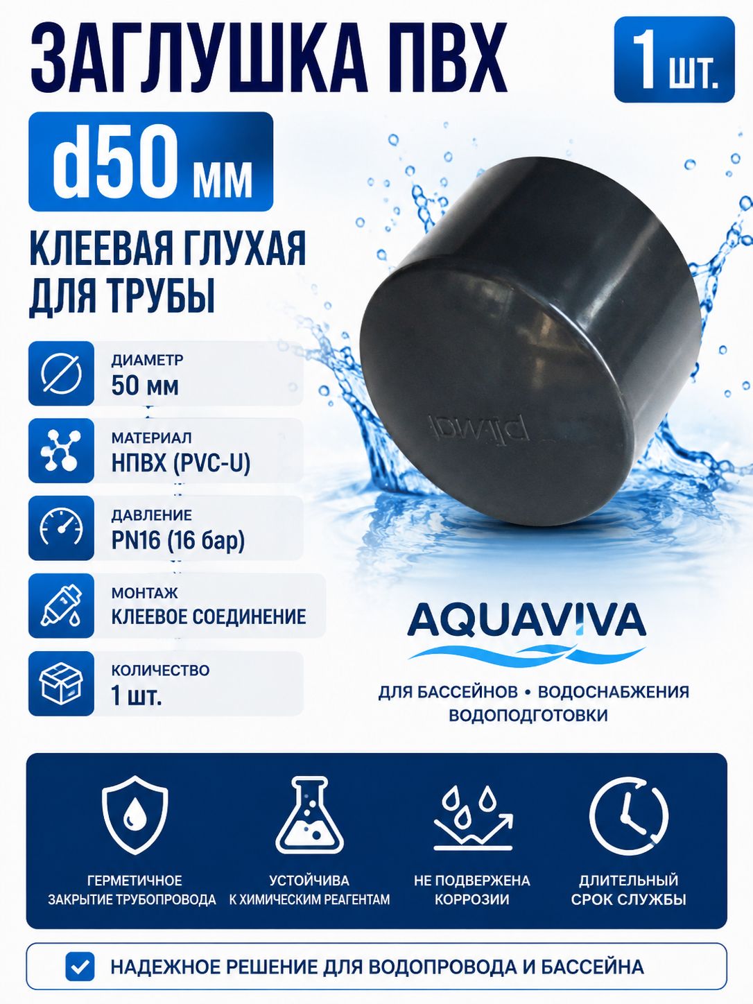 Заглушка ПВХ для трубы d50 мм клеевая для бассейна и водопровода фитинг глухая / 1 шт.