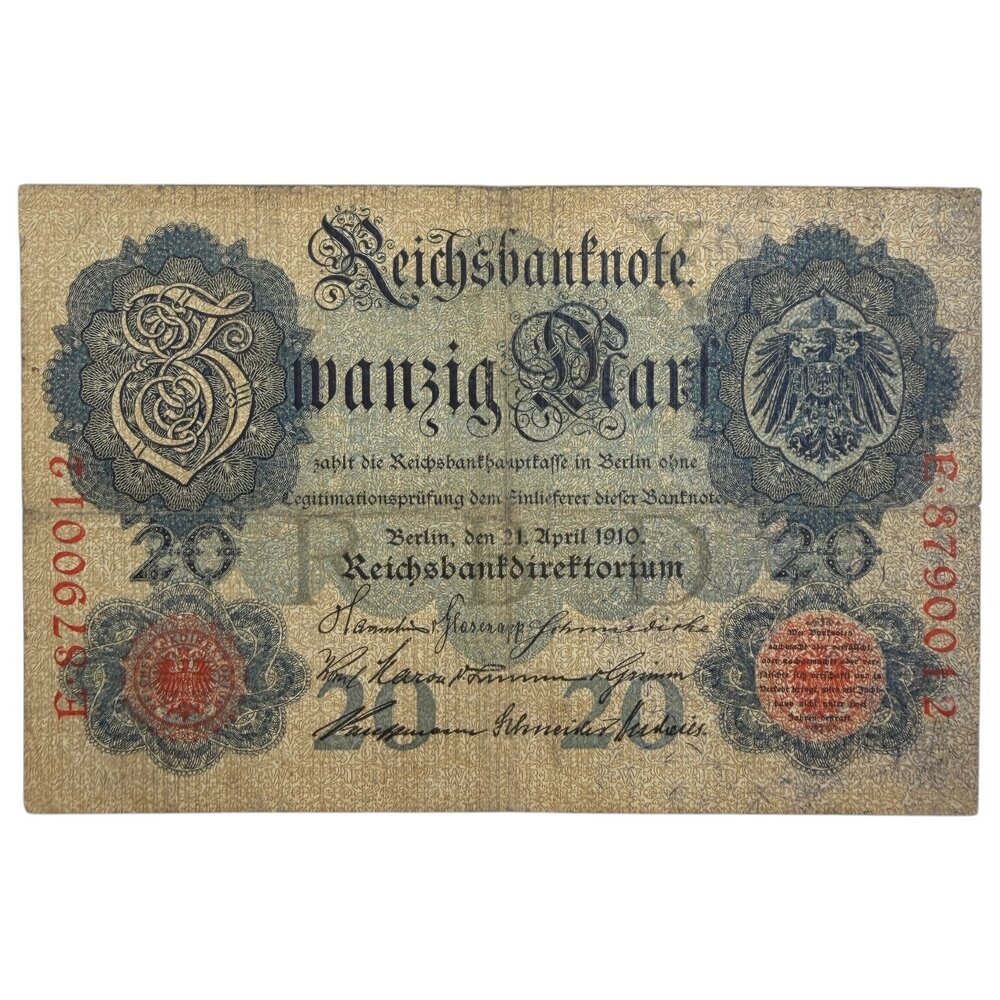 Германская империя (Германия) 20 марок 1910 г. (Без ВЗ) (Литера X) (Серия E) (7-значный номер)