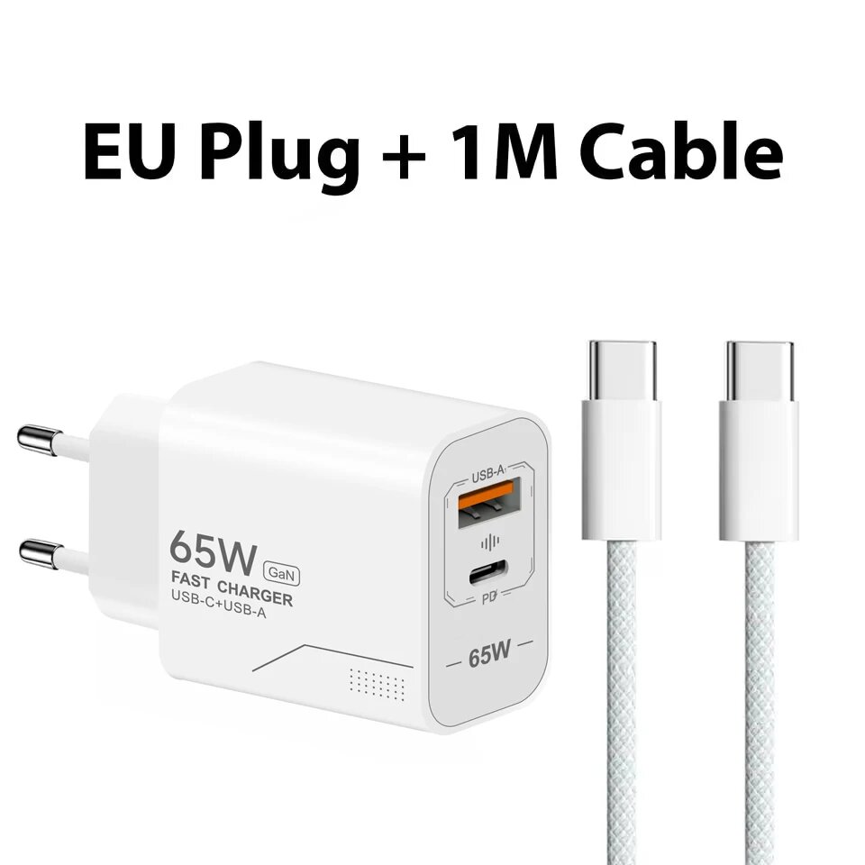 Зарядное Устройство Boltz 65W GaN USB Type-C Для Быстрой Зарядки iPhone 15, EU Charger and Cable