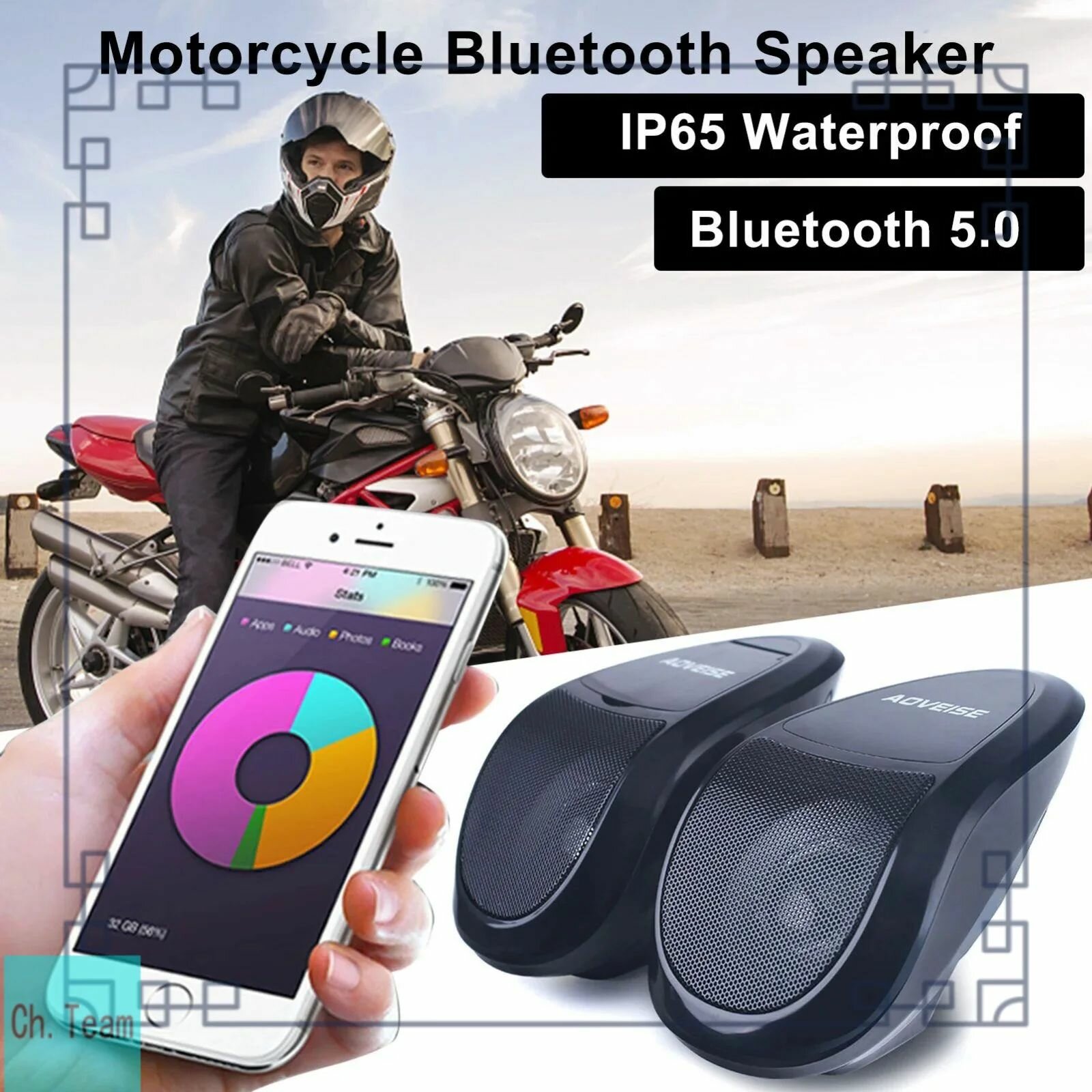 Мотоциклетный Bluetooth-динамик с усилителем и FM-радио, водозащита IP65, питание 12В, 20Вт×2, для руля и шлема
