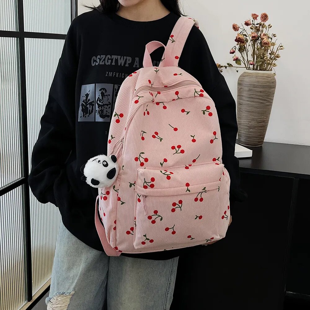 Milochic Рюкзак женский детский розовый вельветовый средний 42x31x14 см с принтом вишня — фото 1