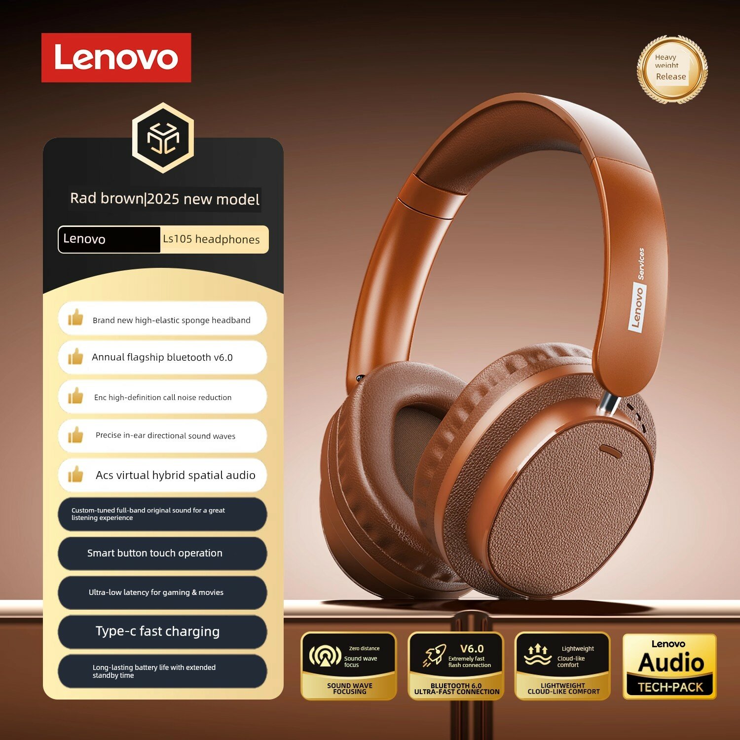Наушники-гарнитура Lenovo LS105, полноразмерные, Bluetooth, беспроводные, новая модель 2026 года, высококачественные, с