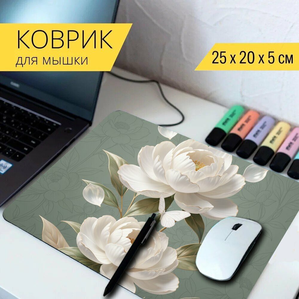 Коврик для мыши с принтом "Две белые пионы с бабочкой. Нежная ботаническая композиция с крупными кремово-белыми бутонами, золотистыми листьями и светлой бабочкой на." 25x20см.