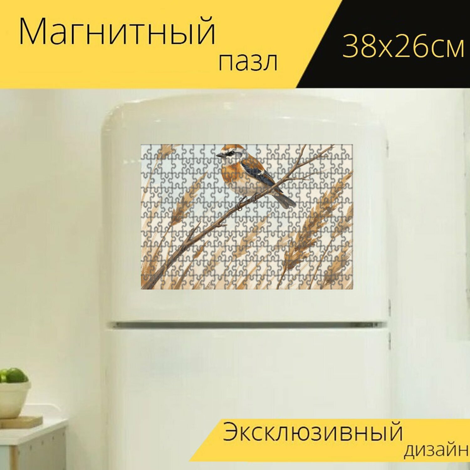 Магнитный пазл "Птица на ветке в камышах. Акварельная иллюстрация с маленькой певчей птичкой на тонкой ветви среди высоких сухих трав. Нежные бежевые." для интерьера, 38х26 см.