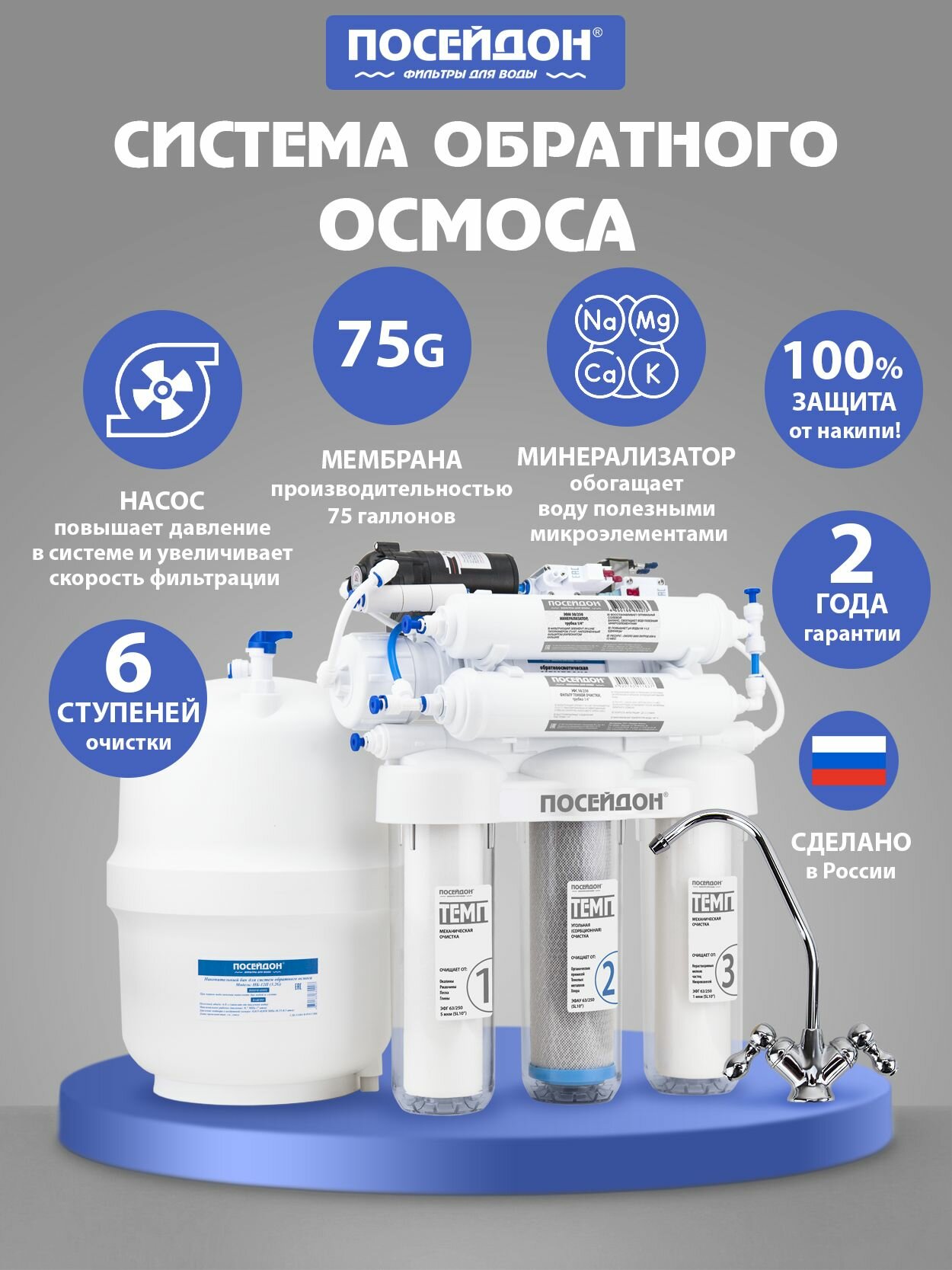 Посейдон. Система обратного осмоса с насосом и минерализатором, фильтр для воды с обратным осмосом с насосом, для кухни