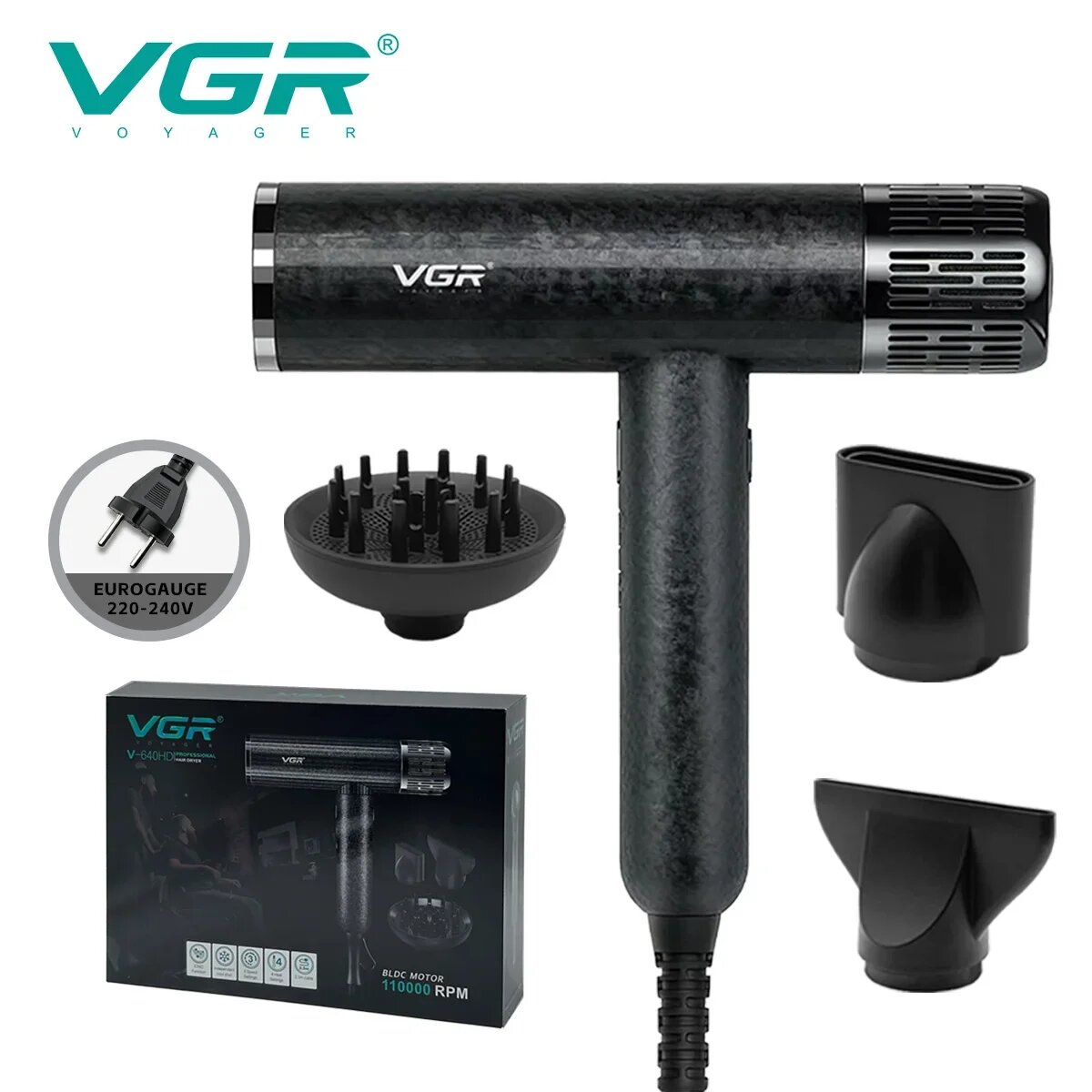 Фен для волос VGR Professional Hair Dryer Machine с отрицательными ионами, 110000 об/мин, воздуходувка, инструмент для стилизации парикмахера для гладких волос V-640HD-V-640HD
