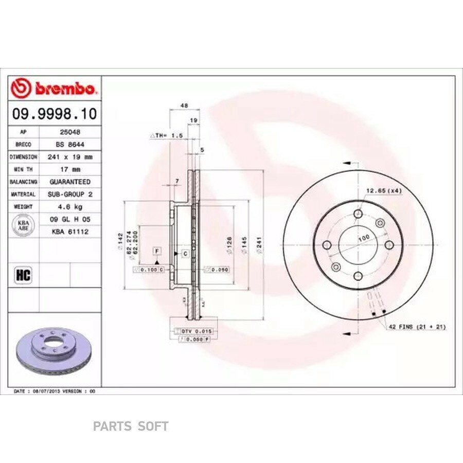 Диск торм. пер. вент.[241x19] 4 отв. BREMBO 09999810 HYUNDAI Getz 1.1/1.3/1.5 CRDi/1.6 [без ABS] 09/02->
