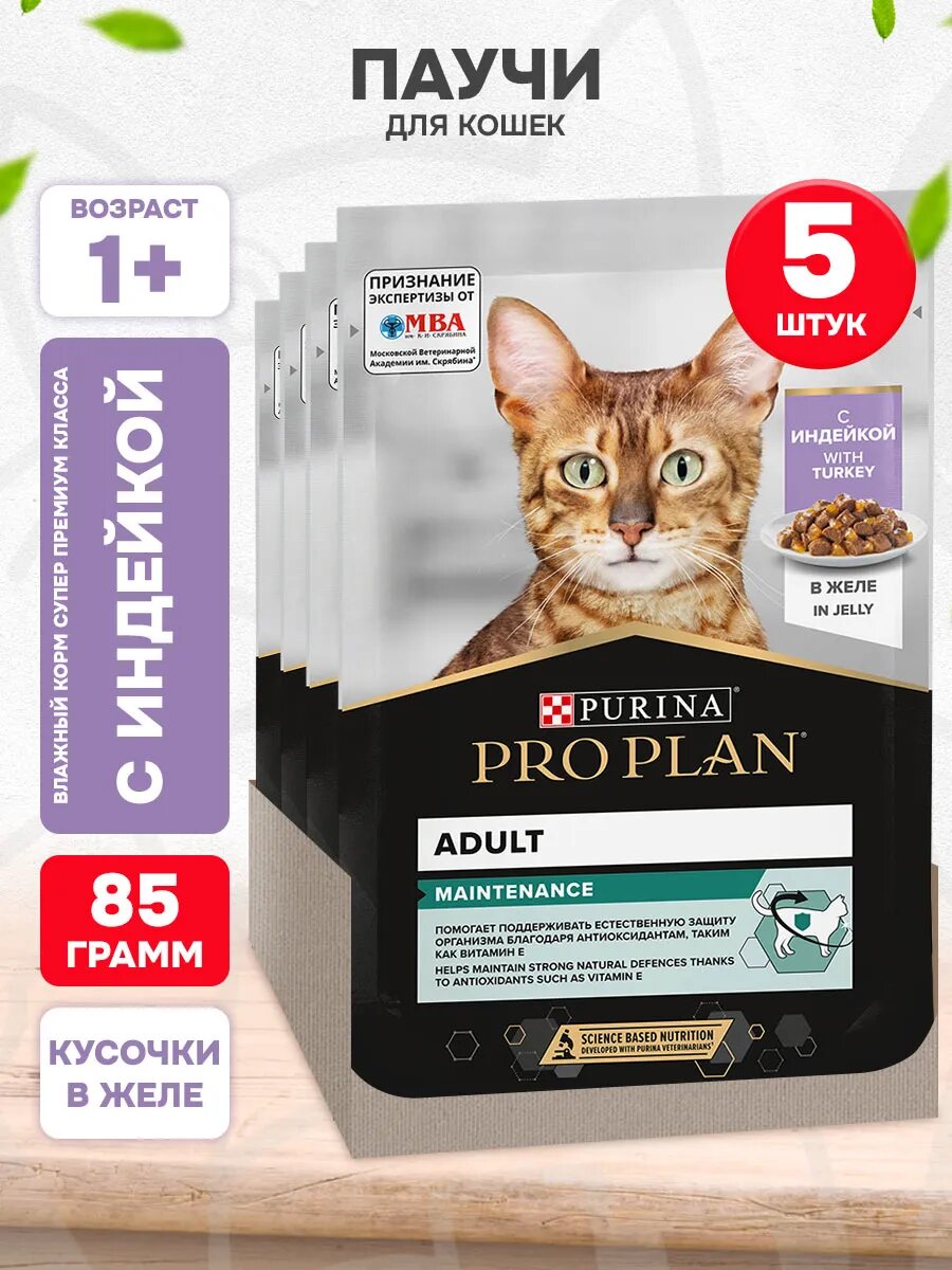 Корм влажный Pro Plan Maintenance для взрослых кошек, индейка в желе, 85 г 5 шт