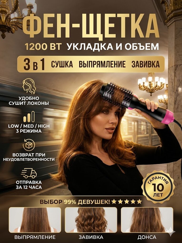 Фен-щетка для волос / Расческа с ионизацией One Step Фен-щётка (расчёска-фен) для волос Hair Dryer 3 в 1