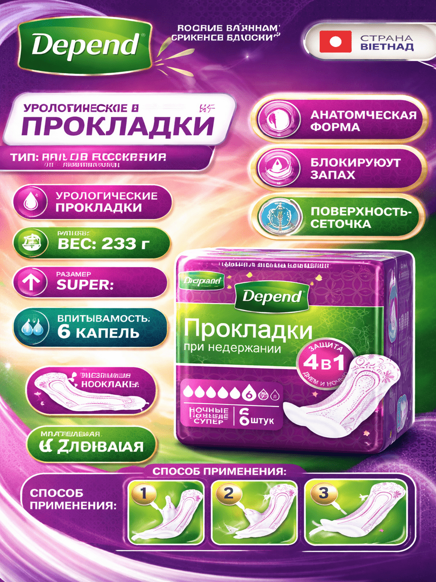 Прокладки Depend для женщин ночные при недержании, 6шт