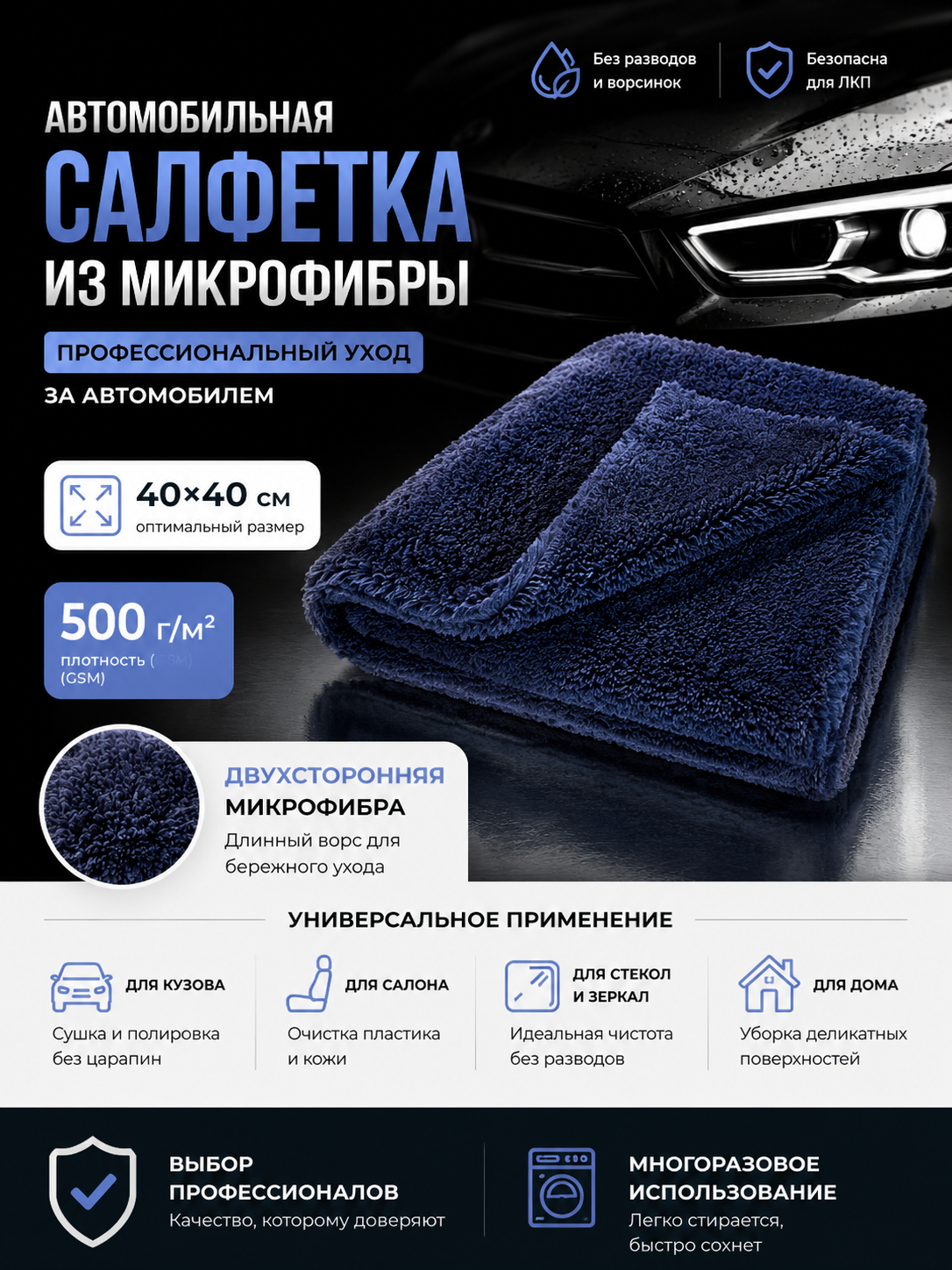Салфетка автомобильная. Микрофибра. 40х40см 500гр/м чёрная