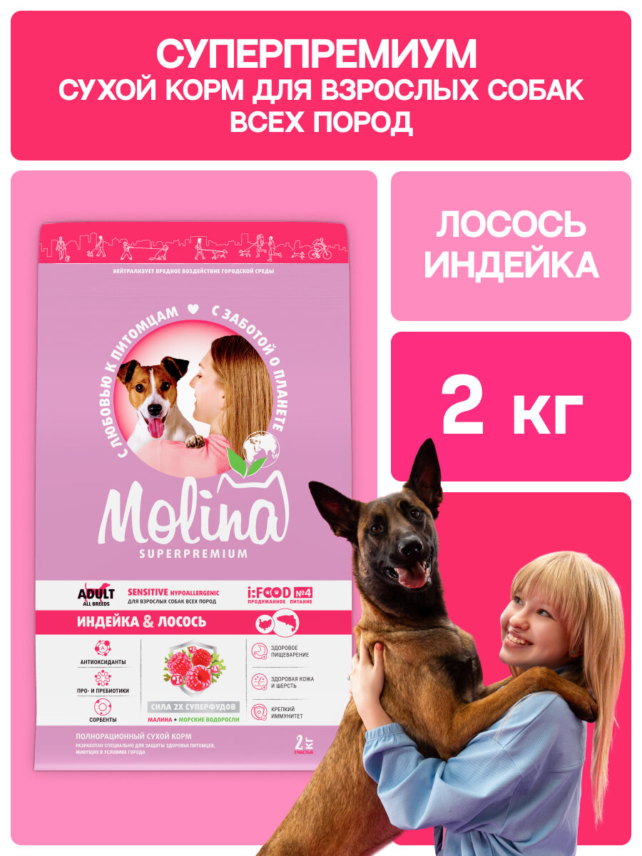 Сухой корм для собак всех пород с чувствительным пищеварением с индейкой и лососем, 2 кг MOLINA