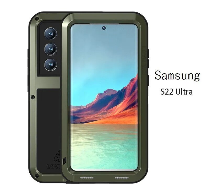 Защищенный от падения корпус для Samsung Galaxy S22 Ultra, LOVE MEI Мощный силикагелевый металлический противоударный чехол-ракушка, зеленый
