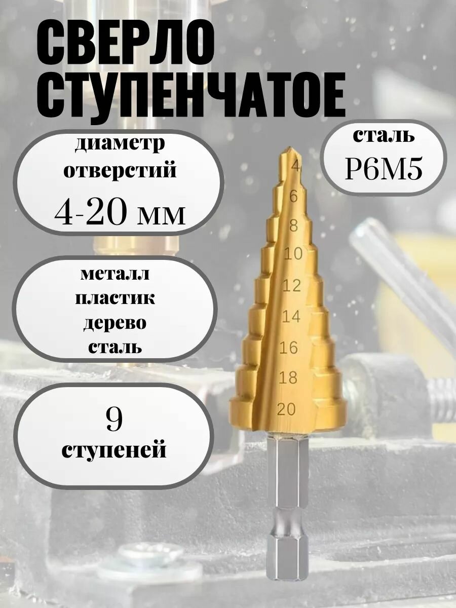 Сверло ступенчатое по металлу, по дереву, по пластику 4-20 мм с титановым покрытием и шестигранным хвостовик для металла дерева пластика ступенчатое сверло 4-20 мм