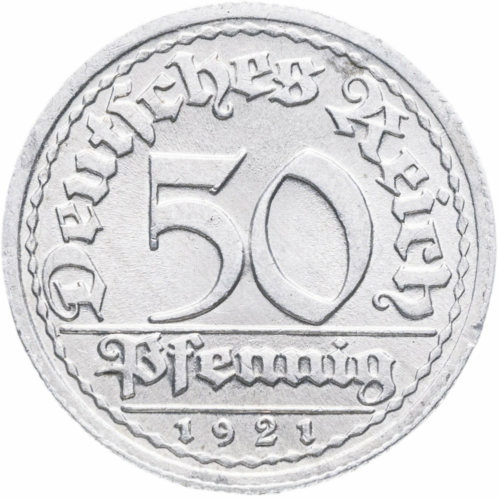 Германия, Веймарская республика 50 пфеннигов pfennig 1921, знак монетного двора "J" — Гамбург, Алюминий, в сохранности AU-UNC