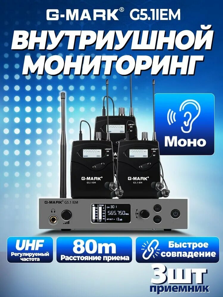 G-Mark Наушники, Радиоканал, 6.3 мм, 3.5 мм, серый металлик