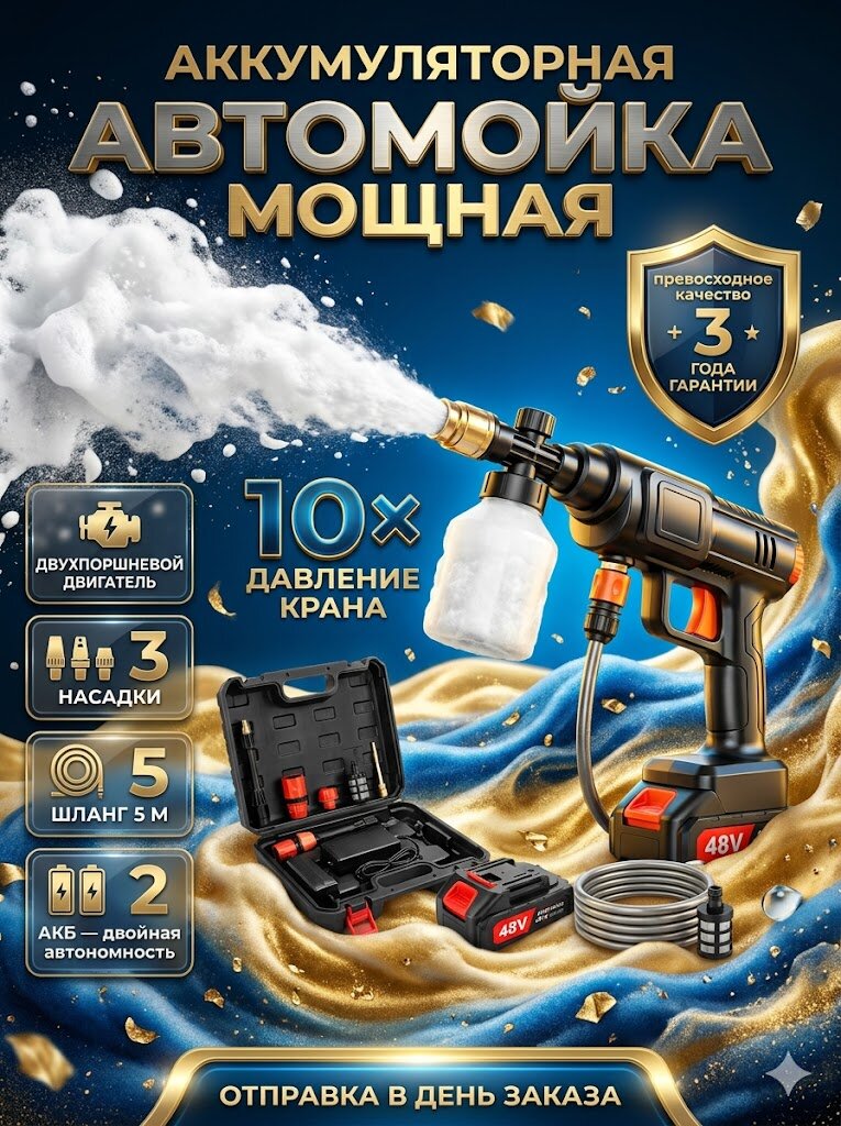 Мойка высокого давления аккумуляторная для автомобиля, Автомойка, в кейсе 2 аккумулятора, 3 насадки