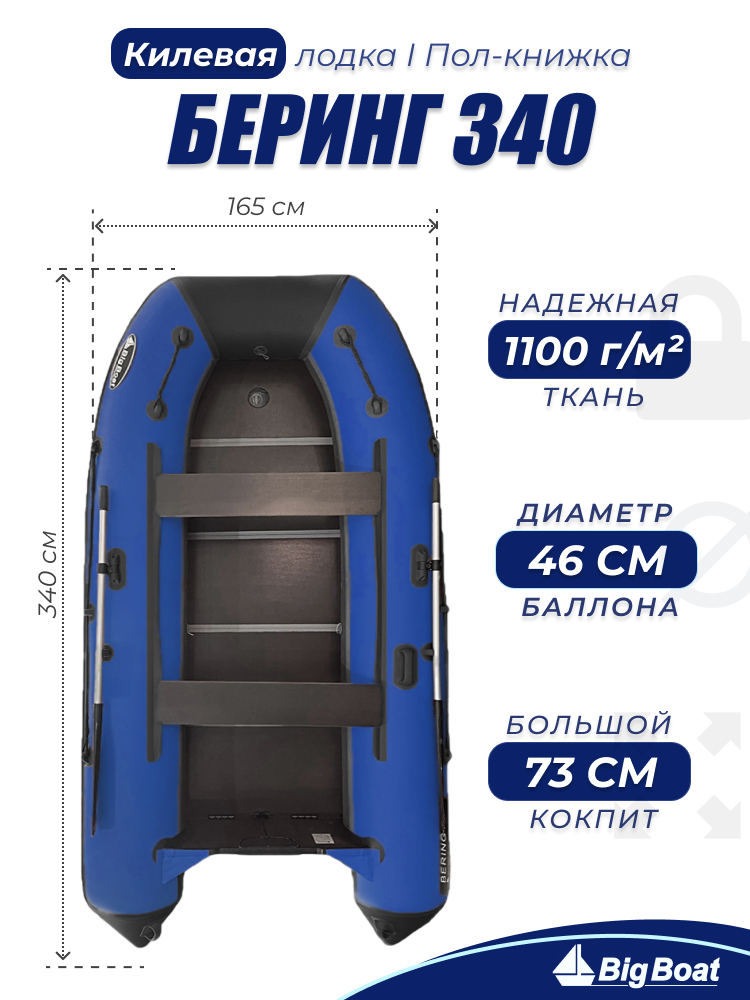 Надувная, под мотор лодка из ПВХ для рыбалки Bering (Беринг) 340К пол-книжка