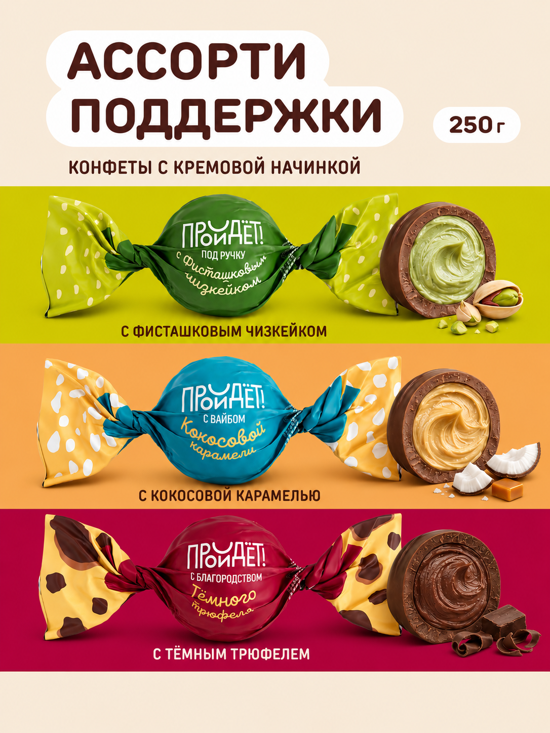 Конфеты Ассорти 250 гр. шоколадные "Томер" с начинкой, 3 вкуса