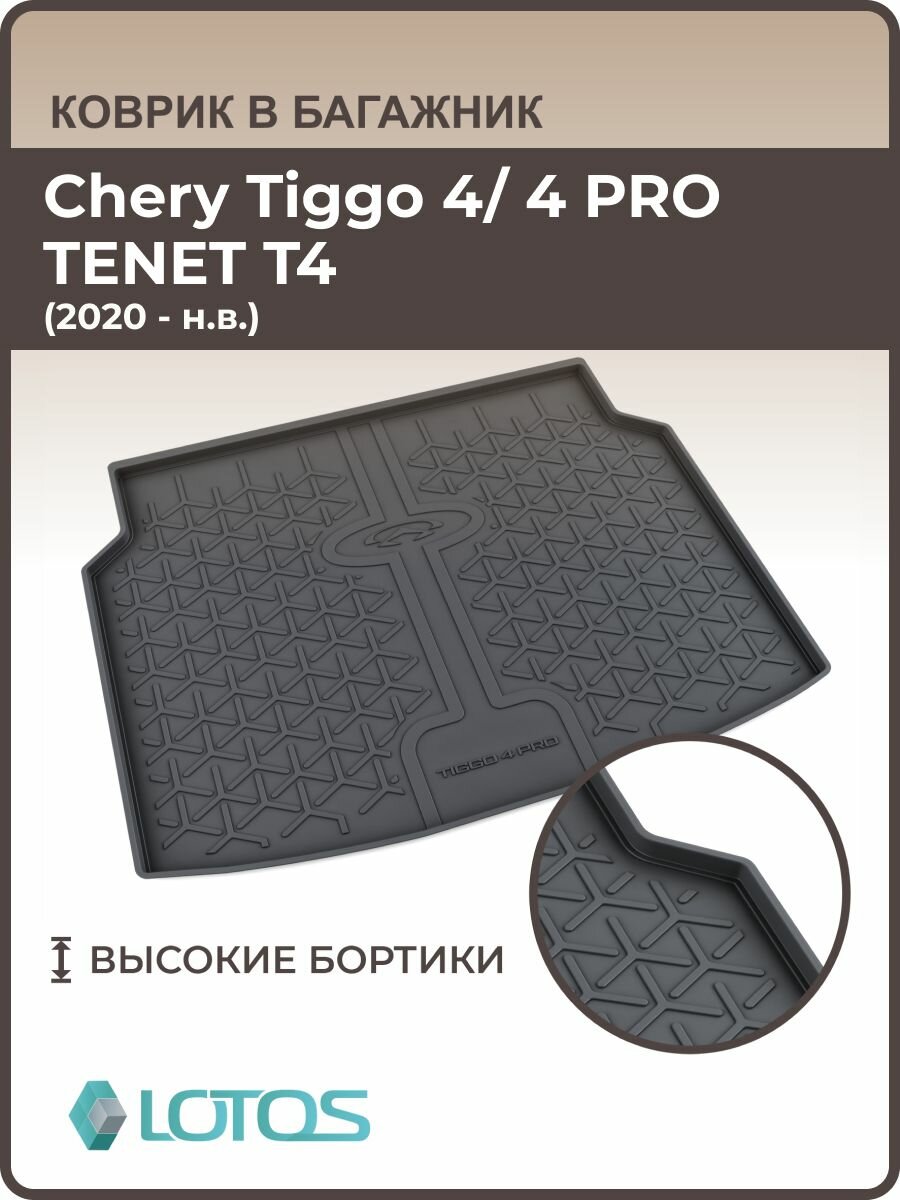 Коврик в багажник 3D Chery Tiggo 4 и 4 Pro 2020-2026 Tenet T4 2025, 2026, коврики автомобильные 3Д Чери (черри) Тиго 4, Тенет Т4, резиновый