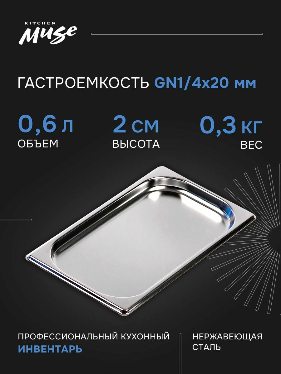 Гастроемкость Kitchen Muse GN 1/4 20 мм, мод. 814-20, нерж. сталь, 265х162х20 мм. Металлический контейнер для еды. Пищевой контейнер из нержавеющей стали
