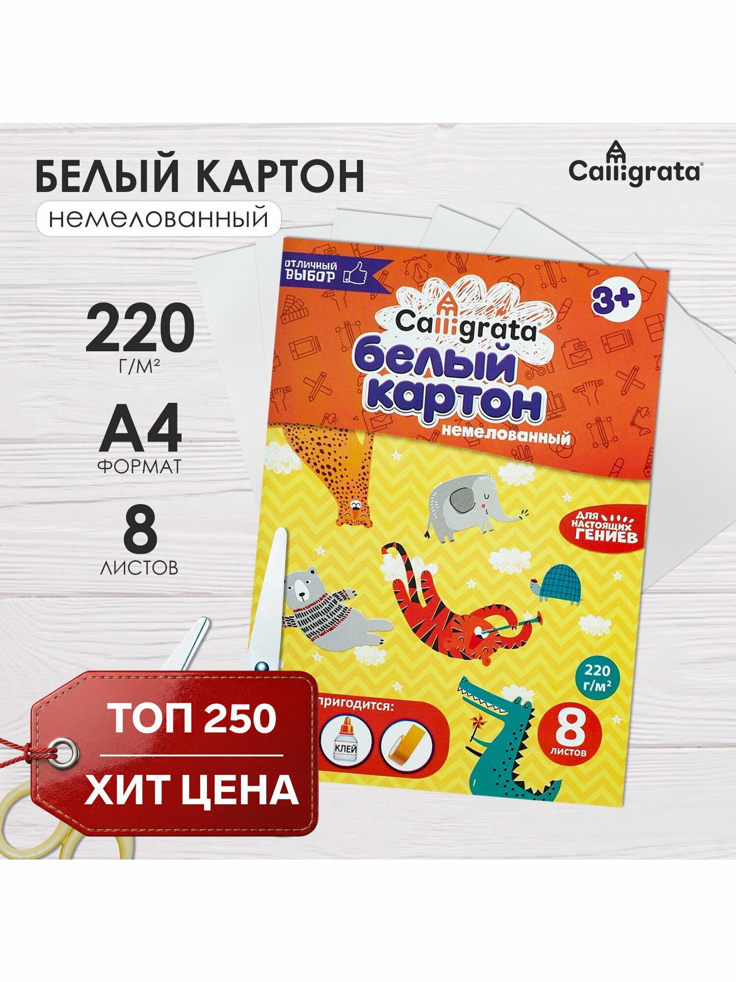 Картон белый А4 8 листов немелованный, картонная обложка, в папке, 5 шт.