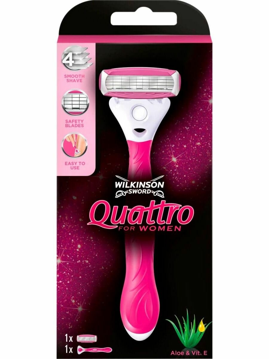 Wilkinson Sword Бритва Schick QUATTRO for Women (1 станок, 1 кассета), женская, 4 лезвия, плав. головка, увл. полоска, прорезиненная ручка