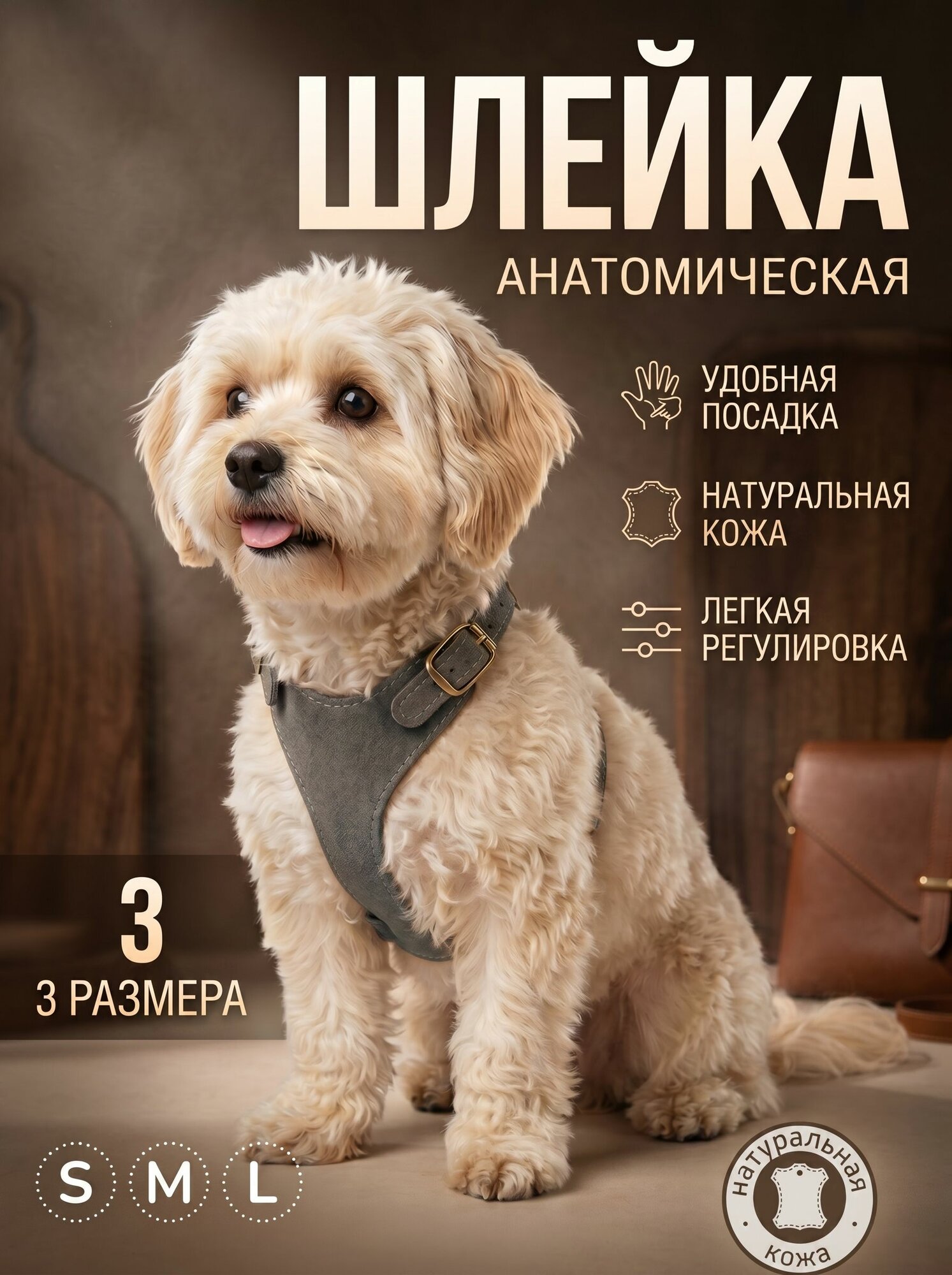 Шлейка для собак и кошек мелких пород до 5кг из натуральной замши, цвет Темно-серый размер S