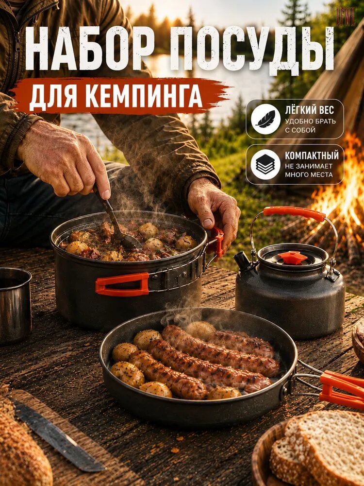 Комплект посуды для кемпинга Outdoor Camping Cookware Set, алюминиевый набор сковородок и кастрюль с ручками