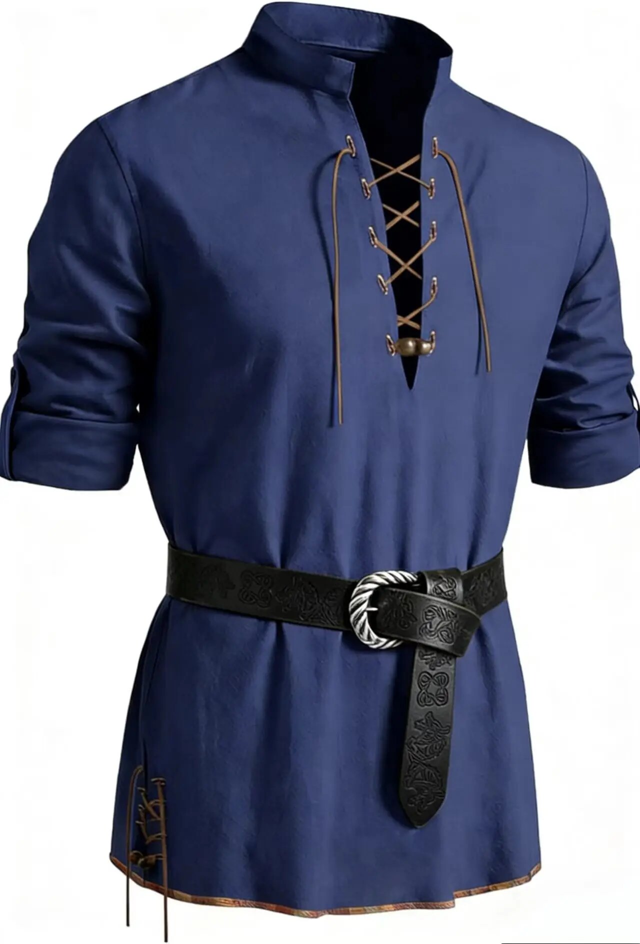 Викинговая рубашка из вискозы и полиэстера Темно-синий, L, with belt