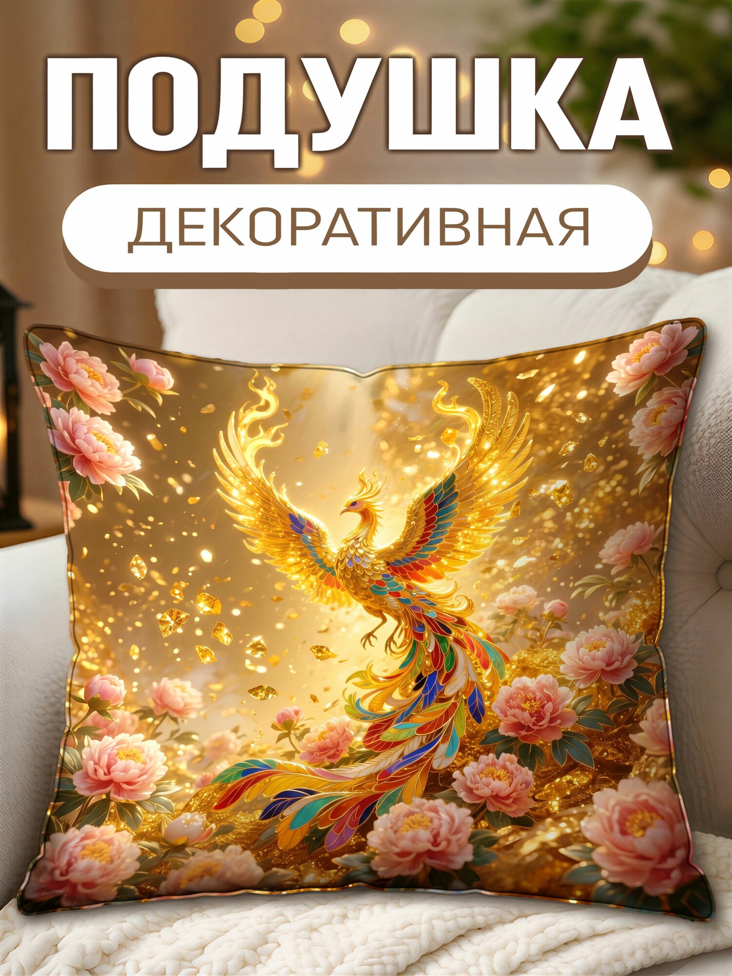 Подушка декоративная с принтом Золотая Жар-птица, размеры 40 х 40 см, 1 шт.