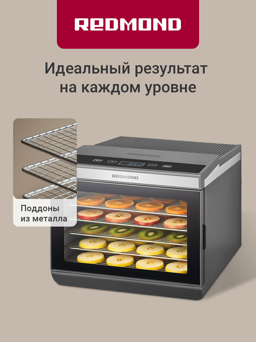 Сушилка для овощей и фруктов REDMOND FD1105, дегидратор, грибов, мяса, с поддоном для пастилы, сеткой для трав, графит