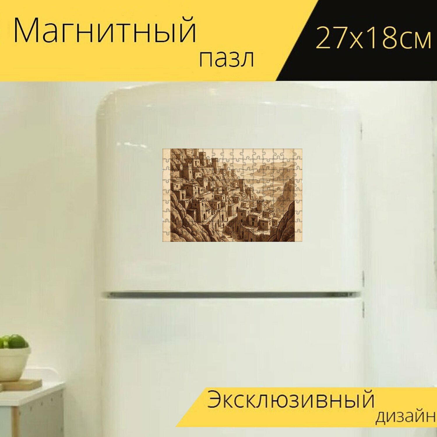 Магнитный пазл "Древнее поселение на скалах. Каменные дома и башни на отвесных склонах, узкие улочки, долина с рекой вдали. Сепийная палитра, винтажная." на холодильник 27 x 18 см.