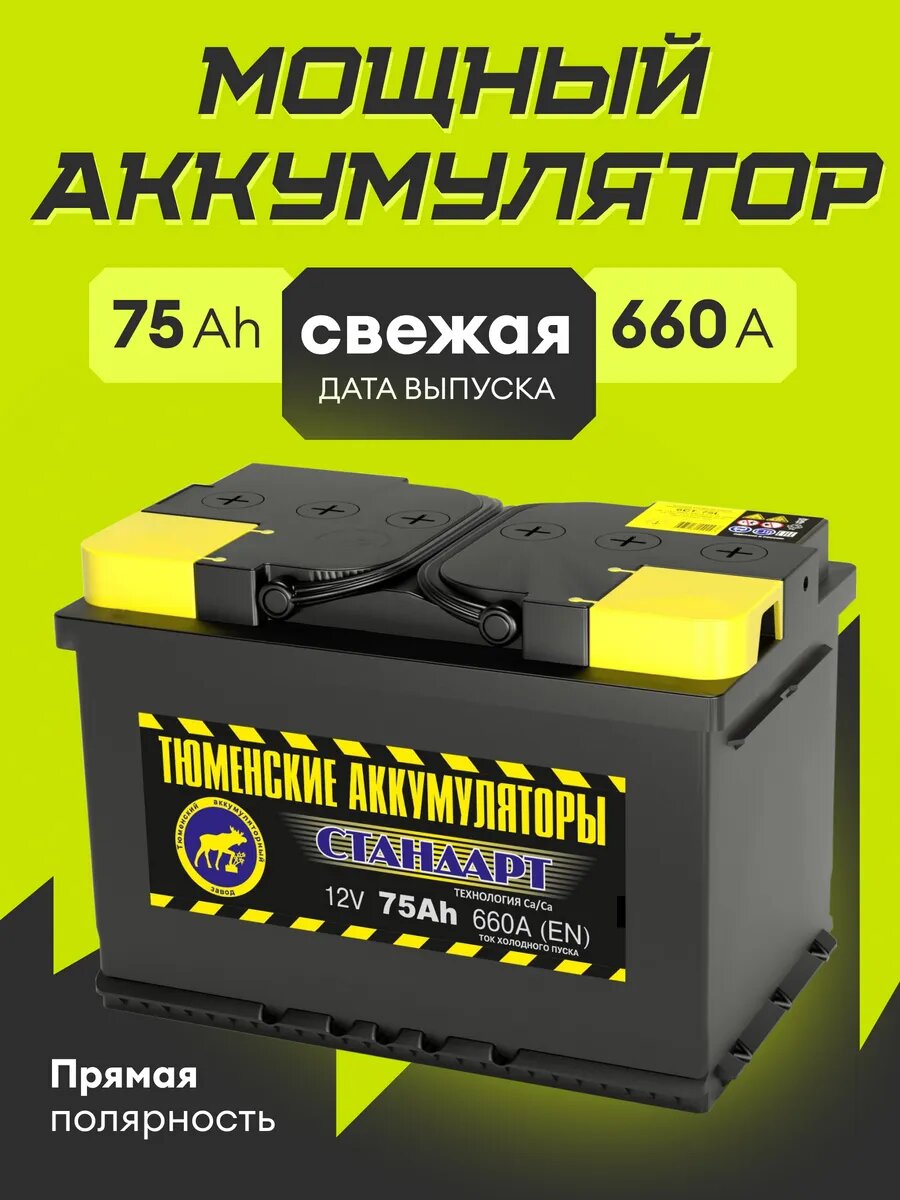 Аккумулятор автомобильный 75 Ач 660 А прямая полярность