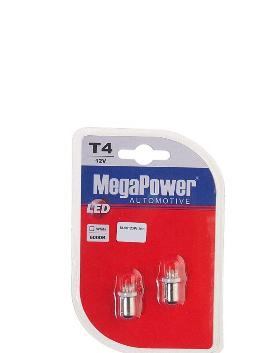 Светодиодные лампы T4W (BA9s) 4 LED блистер WHITE 6000K 28лм 12V MEGAPOWER