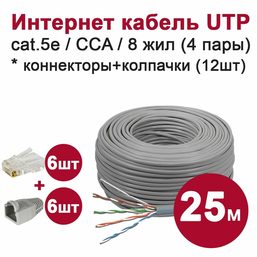 Кабель витая пара UTP4 25 метров (8 жил, CCA) + коннекторы + колпачки