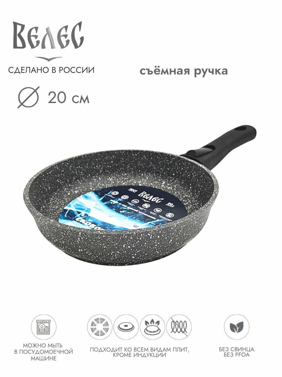 Сковорода 20см с 7-слойным антипригарным ЭКО покрытием байкал, съёмная ручка