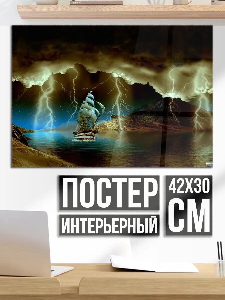Плакат постер Корабль в шторм