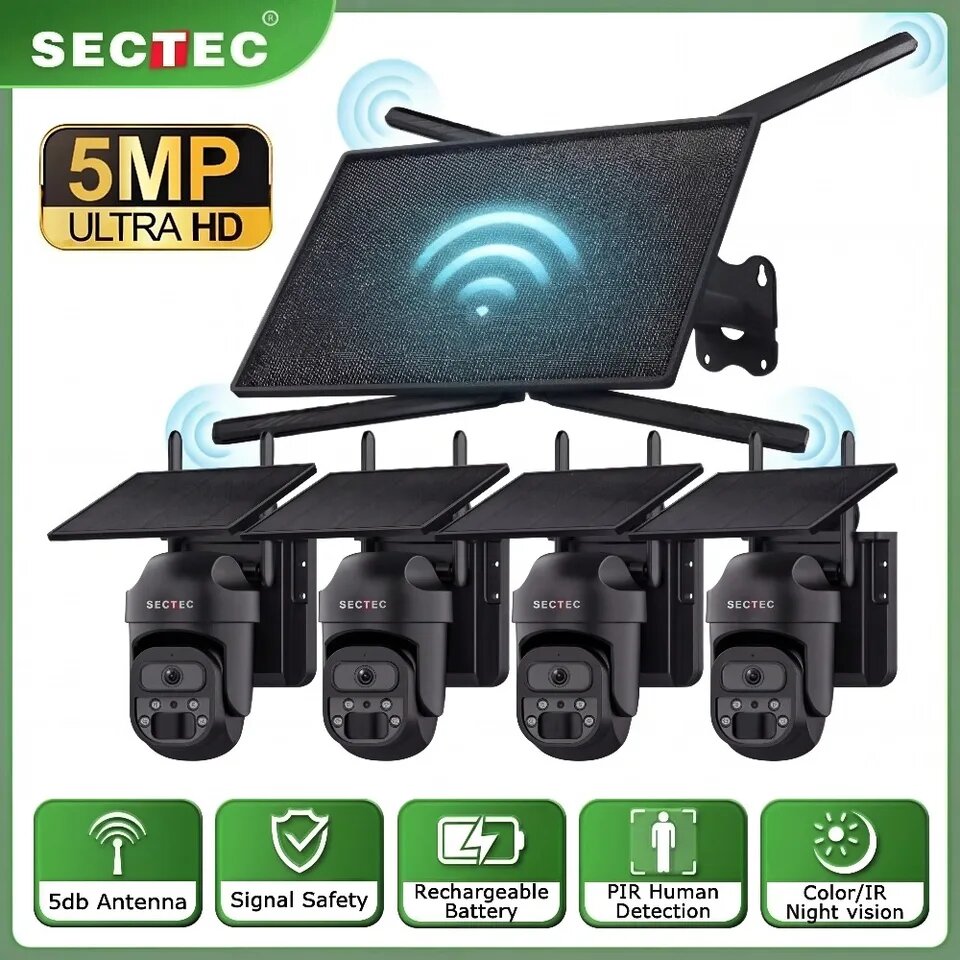 SECTEC 4G WiFi Солнечный роутер 10Вт с слотом для SIM-карты. Радиус покрытия WiFi 500 м + 4 камеры WiFi PTZ солнечная охранная камера IP66