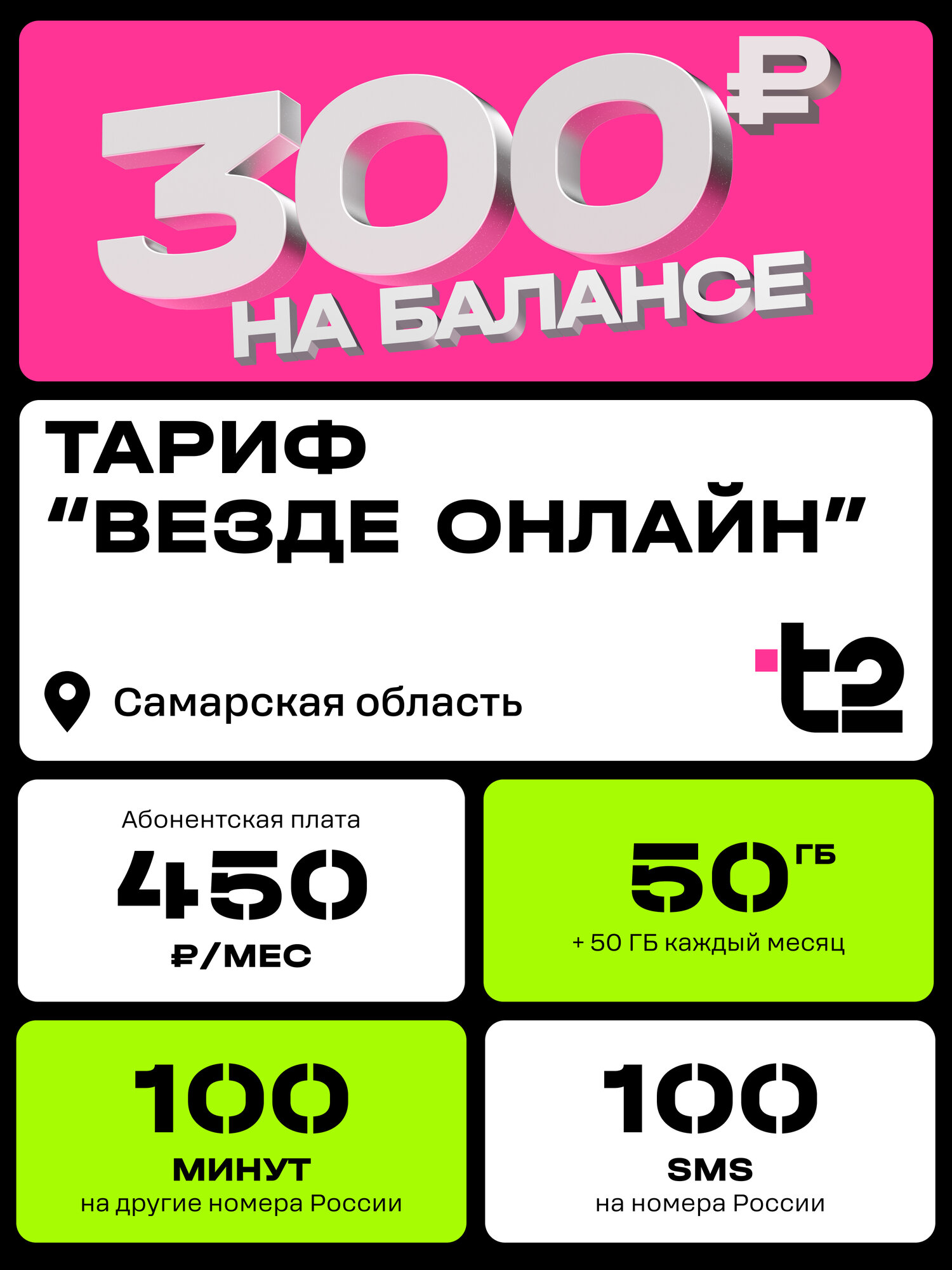Сим-карта t2 для Самарской области, Везде онлайн, баланс - 300 рублей