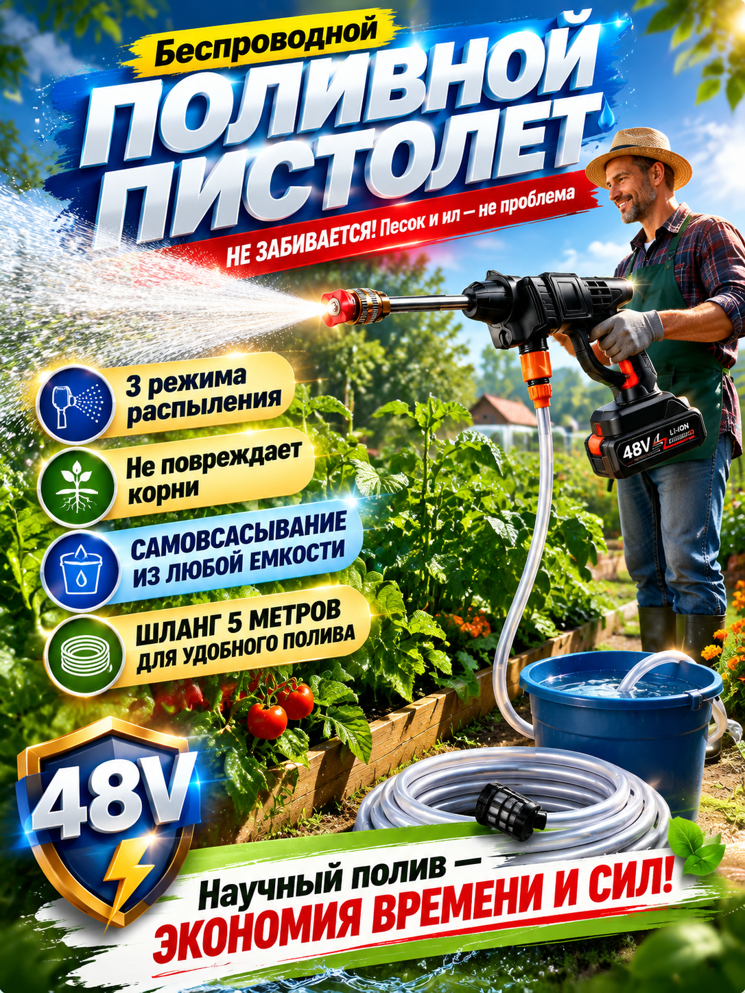 Насос аккумуляторный для полива из бочки, 48V