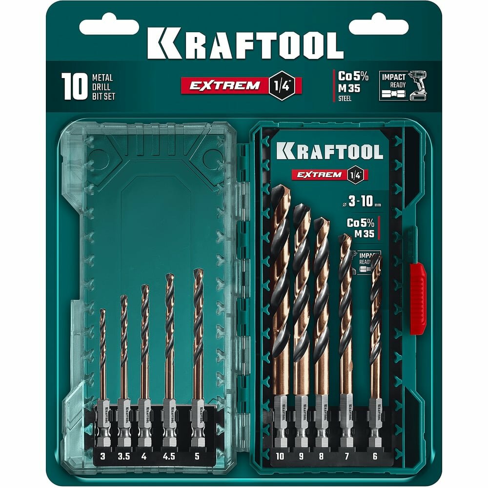 Набор сверл по металлу KRAFTOOL Impact Ready НЕХ-1/4, 10 шт, для винтовертов и шуруповертов 29652-H10