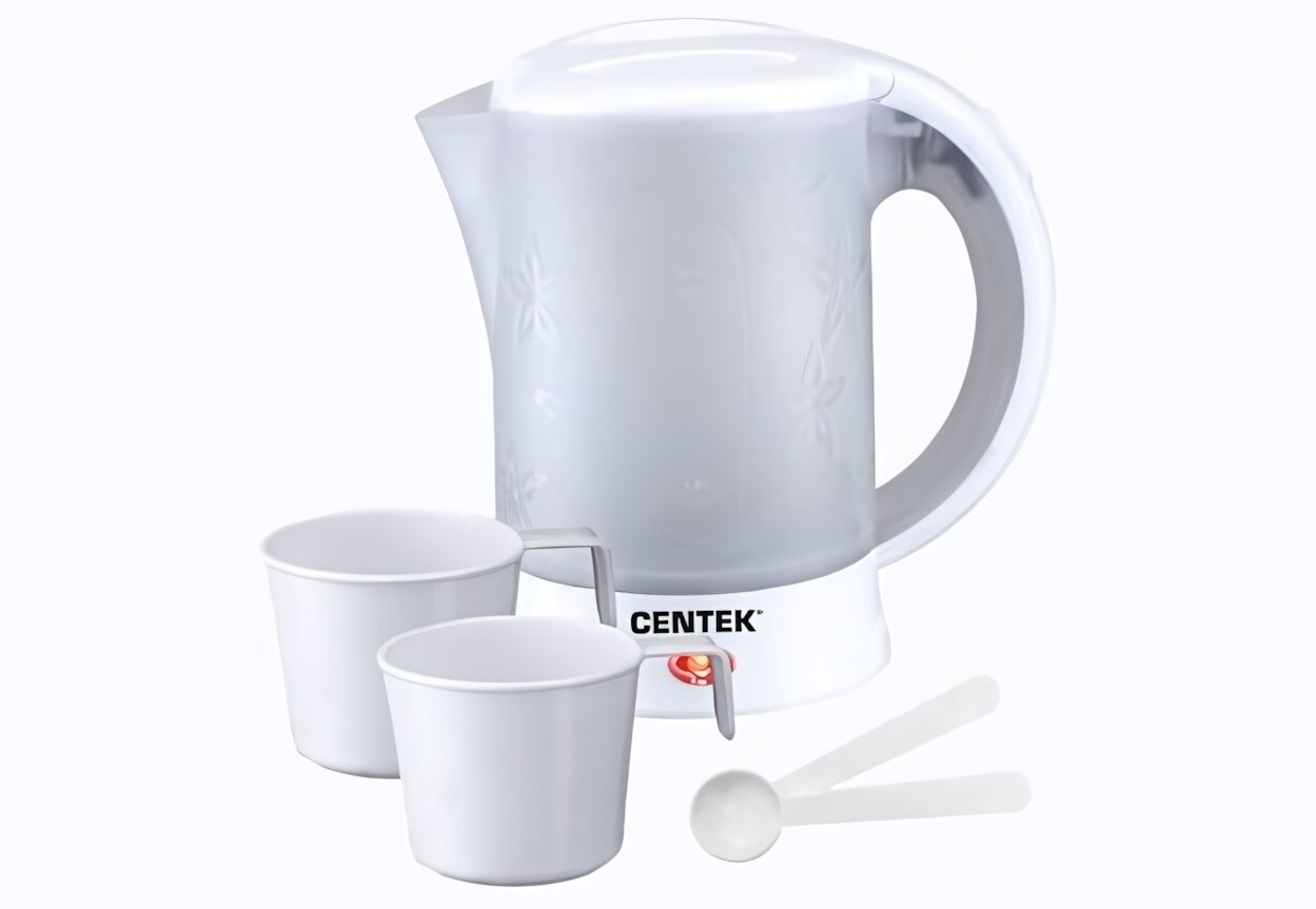 Чайник электрический дорожный CENTEK CT-0054, 0.6 л, 600 Вт, пластик, 2 чашки и 2 ложки, белый