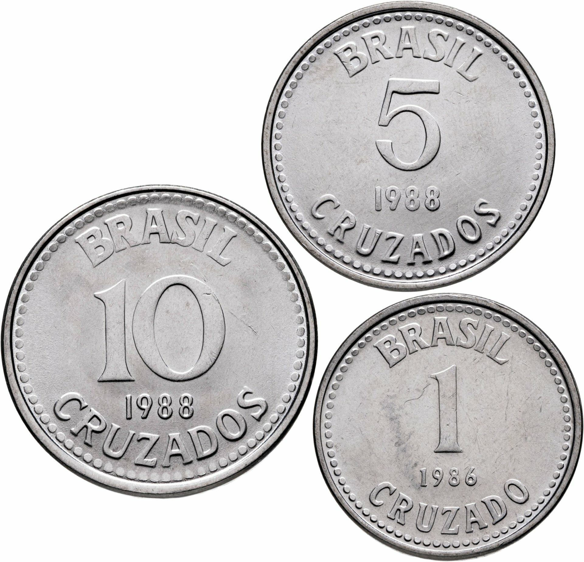 Бразилия набор из 3 монет 1, 5 и 10 крузадо cruzado 1986-1988, Сталь, в сохранности AU-UNC