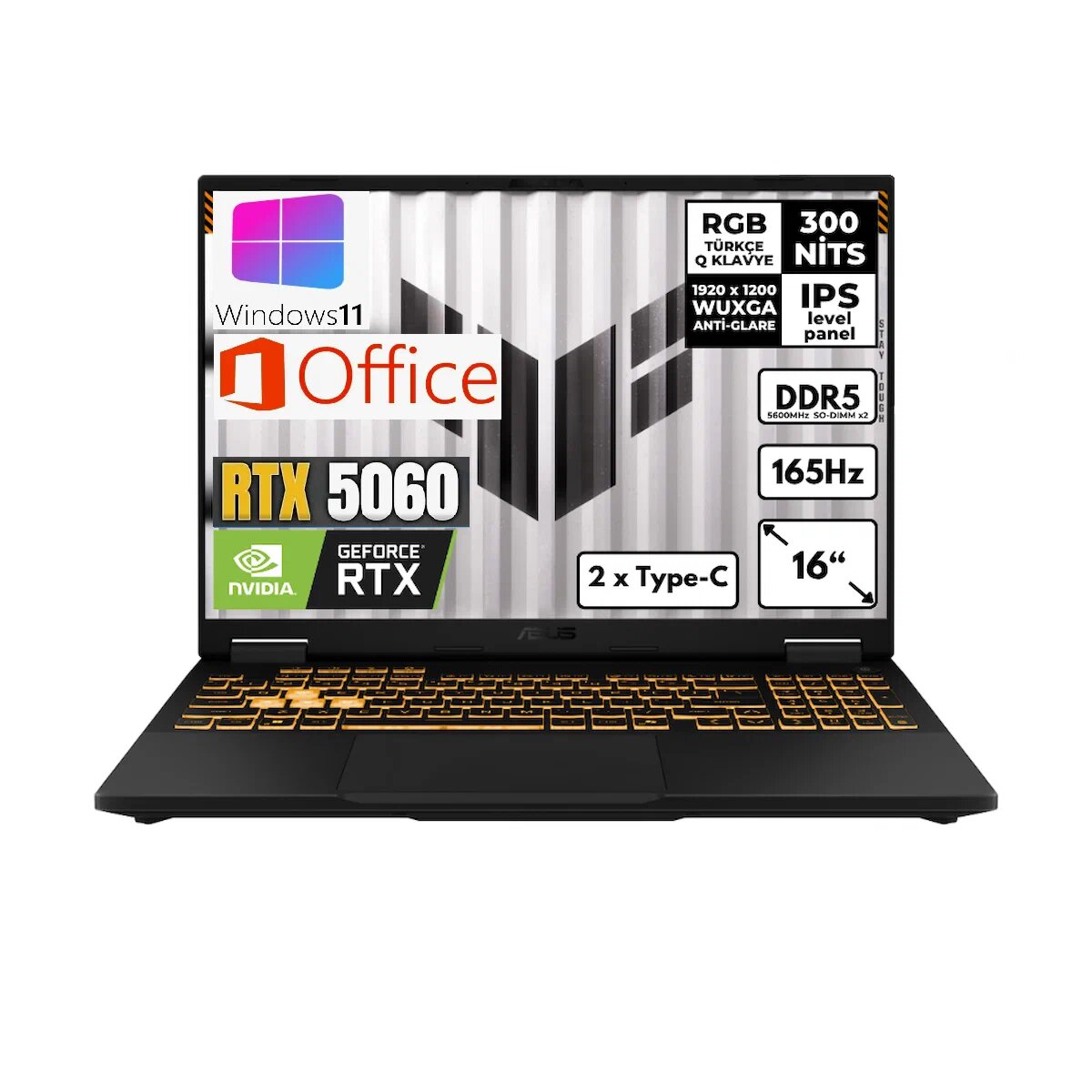 Игровой ноутбук 16" ASUS TUF: Core I5 14450HX (до 4.8 ггц),32 Gb DDR5, SSD 1 TB, RTX 5060-8 GB, Win 11+Office, рус. клав.