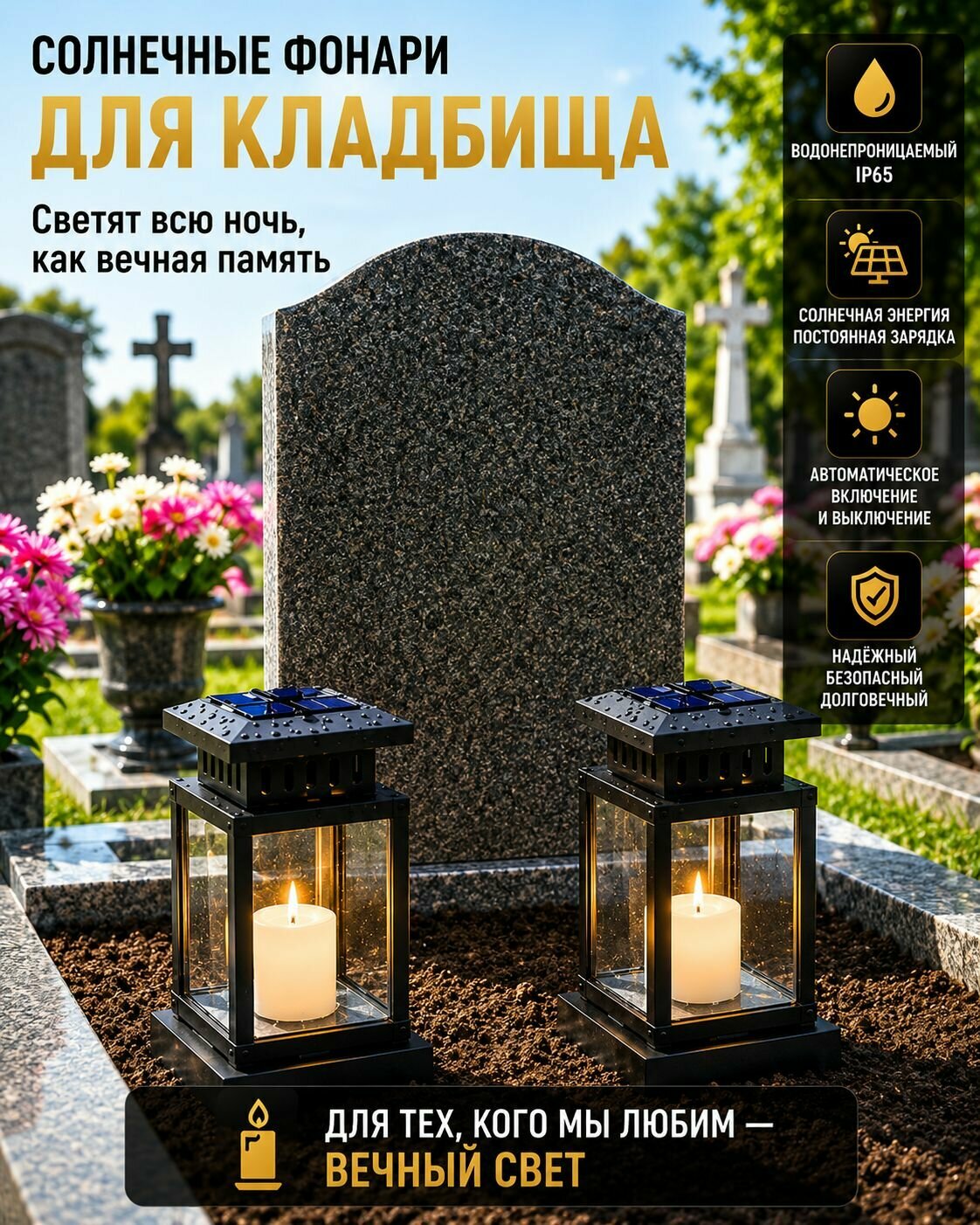 Свеча на могилу на солнечной батарее, кладбищенский фонарь памяти, автоматическое включение ночью