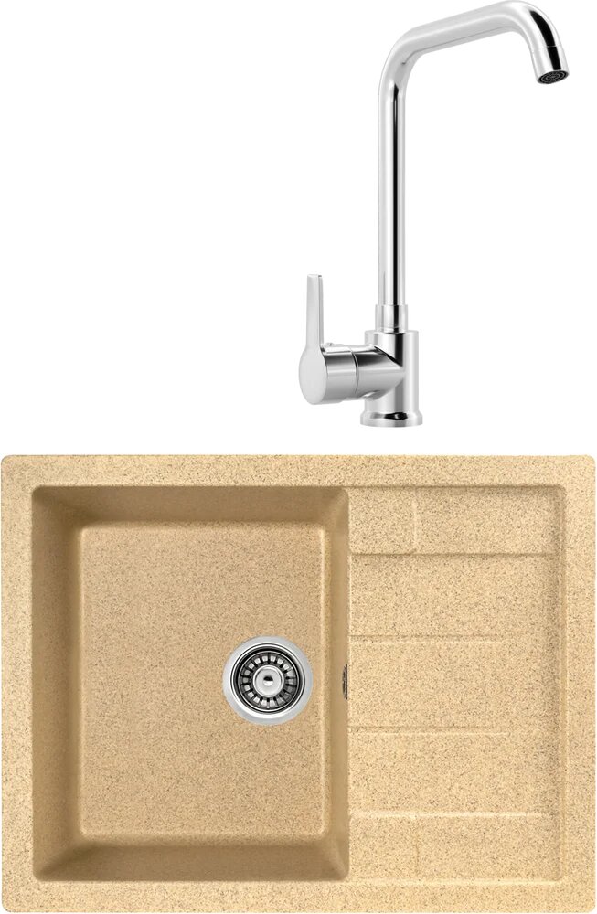 Комплект Мойка Gerhans B22-21 64x50, песочная, искусственный гранит / Смеситель MEGA Ege MG-PL10 глянцевый хром, хром