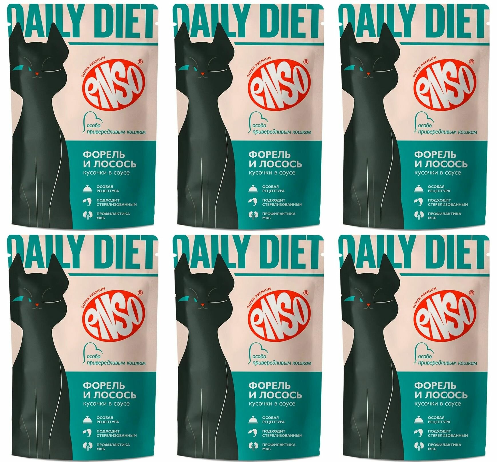 Enso Влажный корм для кошек Daily diet Форель и Лосось в соусе, пауч, 85 гр, 6 шт