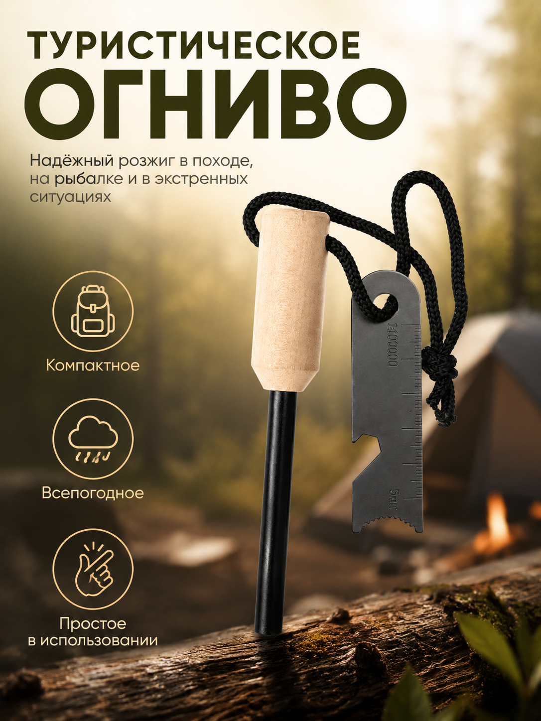 Огниво туристическое для розжига костра с деревянной ручкой, кремний для выживания, походов, рыбалки и охоты