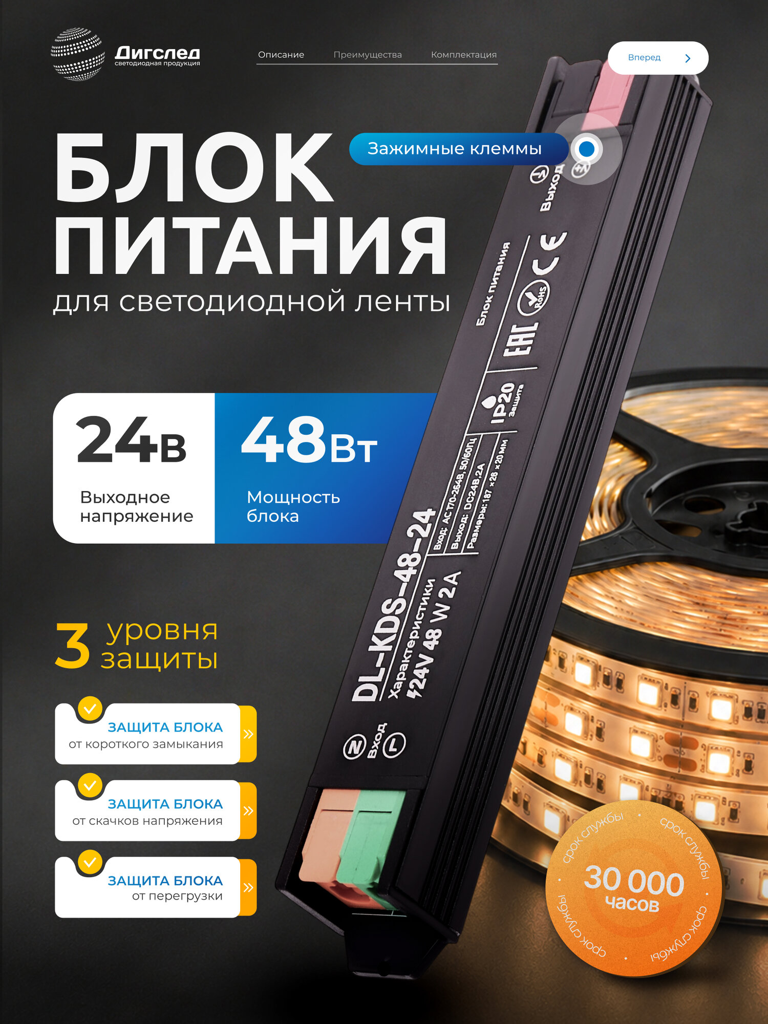 Блок питания для светодиодной ленты 12В 48Вт DL-KDS-48-12, драйвер для LED ленты, модулей, лампы